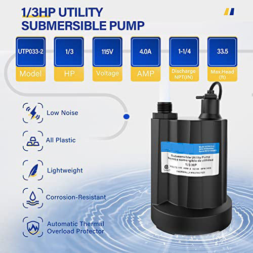 TDRFORCE 1/3 HP Submersible Water Pump 2160GPH Sump Pump Thermoplastic ...